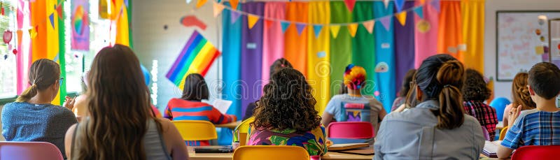 A Group of Students Sit in a Classroom with Rainbow Flags and Colorful ...