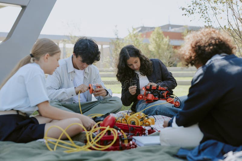 Group of Students Sitting on Blanket and Making Robots Stock Image ...