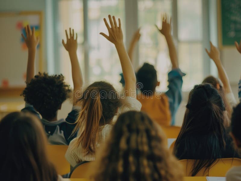 A Group of Students Sitting in a Classroom, All with Their Hands Raised ...