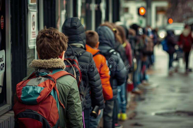 Group of Students Standing in Line Outside on Field Trip in Urban ...