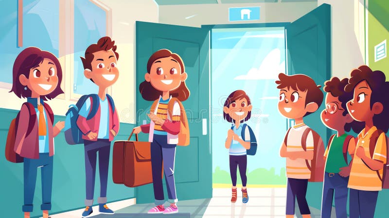 Group of Students Standing in School Hallway Talking and Preparing for ...