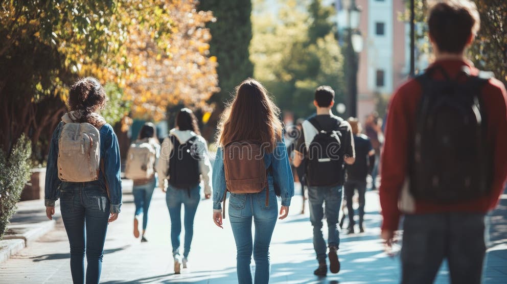 A Group of Students Strolls Down a Beautiful, Sunlit Campus Path ...