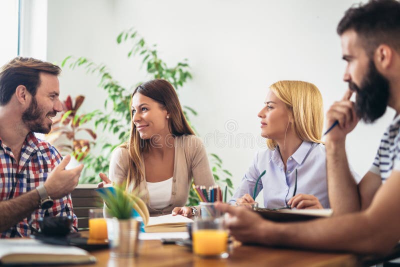 Group of Students Study at Home. Stock Image - Image of preparing ...