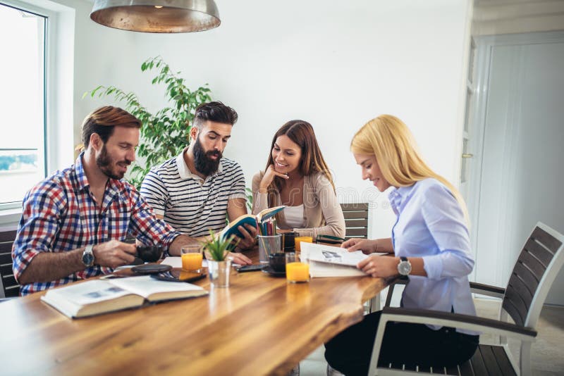 Group of Students Study at Home. Stock Image - Image of pretty, female ...