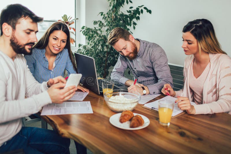 Group of Students Study at Home. Stock Image - Image of preparing ...