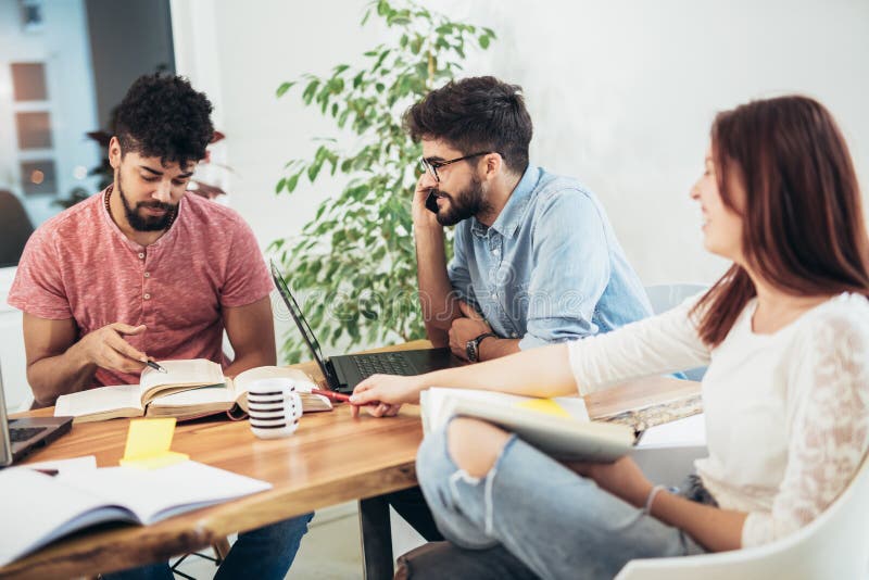 Group of Students Study at Home. Stock Image - Image of college, laptop ...
