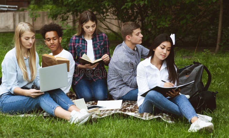 Group of Students Studying in College Campus, Preparing for Classes ...