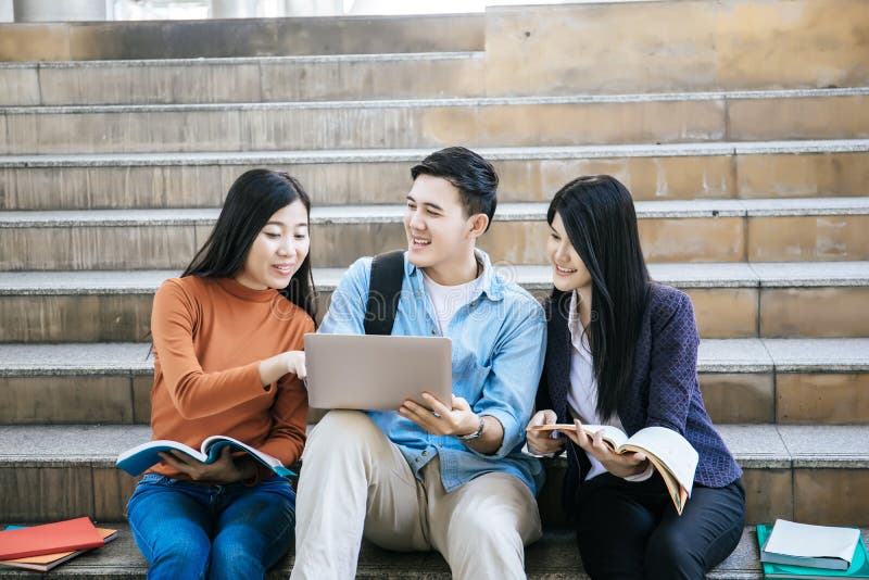 Group Students Studying Researching on Laptop Together Sitting Stock ...
