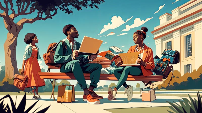Group of Students Studying Together on a Bench in a College Campus ...