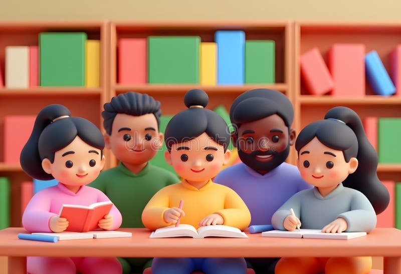 Group of Students Studying Together in a Library, Cartoon Style Stock ...