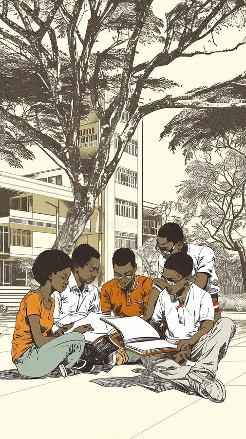 Group of Students Studying Together Under a Tree on a Sunny Day Stock ...