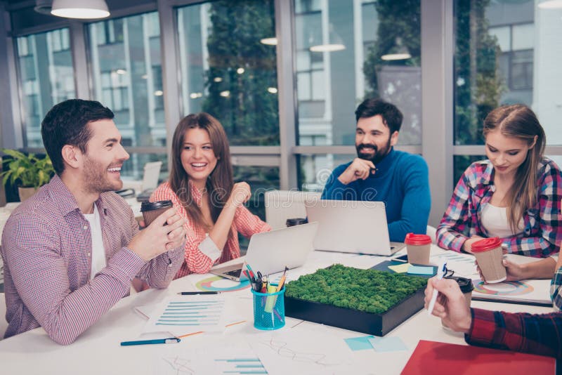 Group of Students Talking about Future Project and Laugh, Sitting on ...
