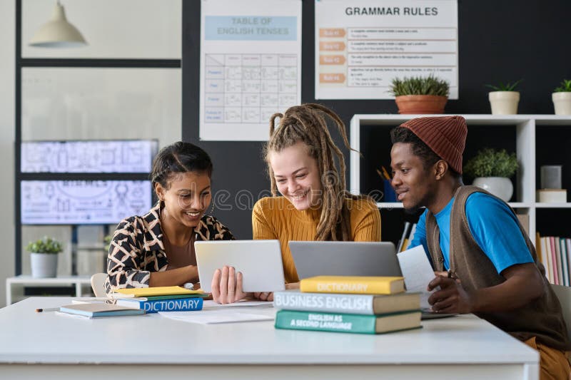Group of Students Watching Online Lesson on Tablet Pc Stock Image ...