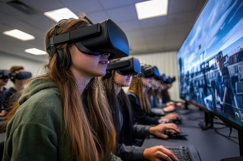 A Group of Students Wearing VR Headsets, Participating in an ...