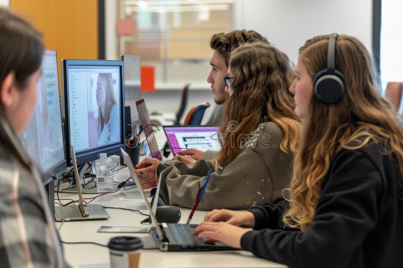 A Group of Students Work Together in a Modern Study Space, Using ...