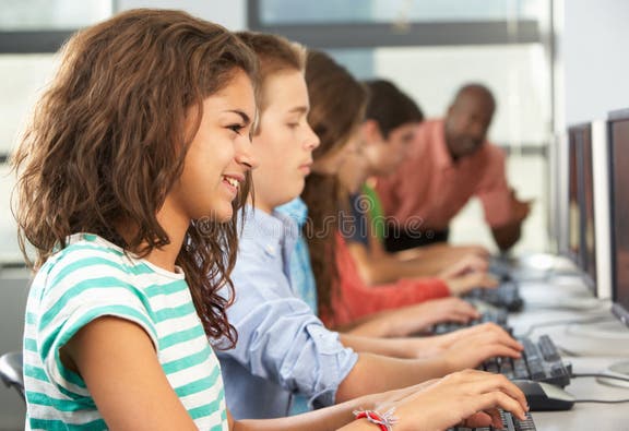 Group of Students Working at Computers in Classroom Stock Photo - Image ...