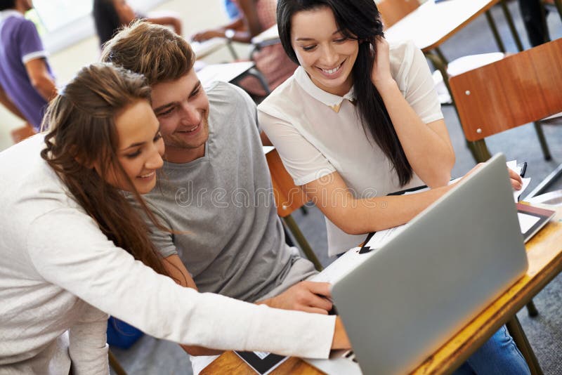 Group, Students and Working Together on Laptop in Classroom, Assignment ... Group, Students and Working Together on Laptop in Classroom, Assignment ...