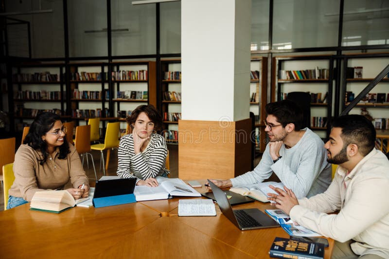 Group of Students Working on University Project in Library Stock Image ...