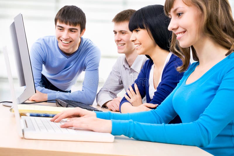 Teens Crowd Around Computer Stock Image - Image of computer, horizontal ...