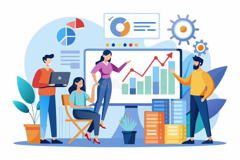 A Group Studies Business Charts and Graphs while Discussing Strategies ...