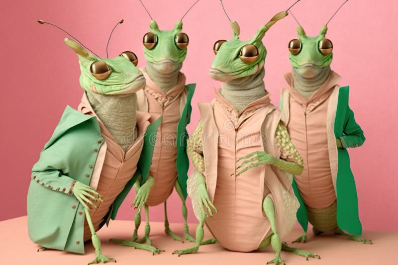 Group Studio Portrait of Fat Mantises in Clothes, Concept of ...