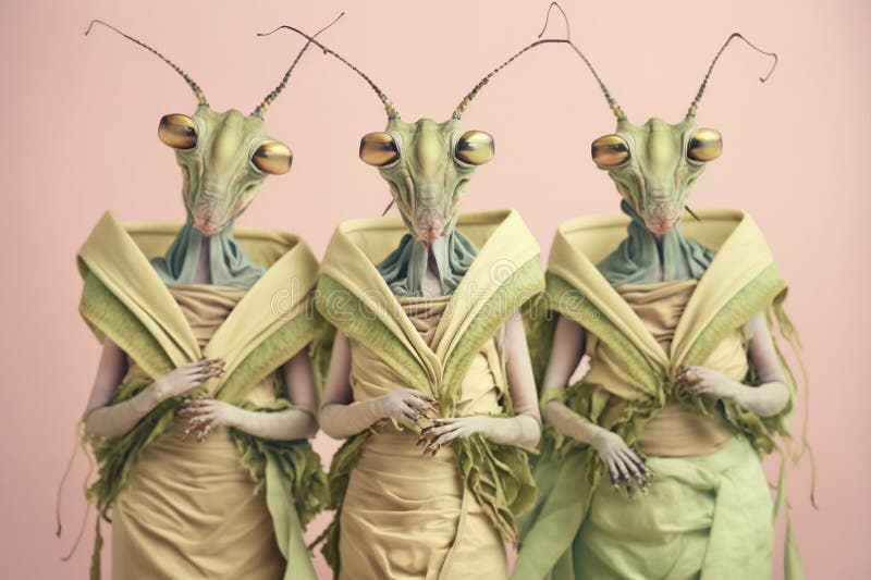 Group Studio Portrait of Fat Mantises in Clothes, Concept of ...