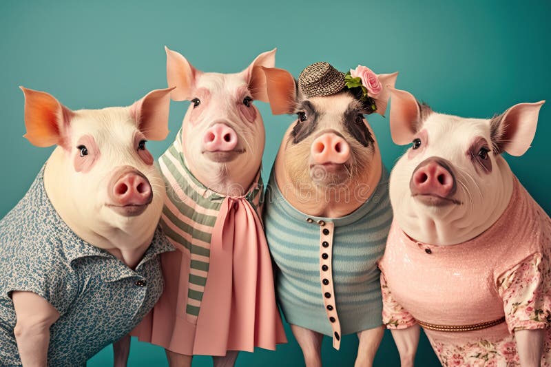 Group Studio Portrait of Fat Pigs in Clothes , Concept of Animal ...