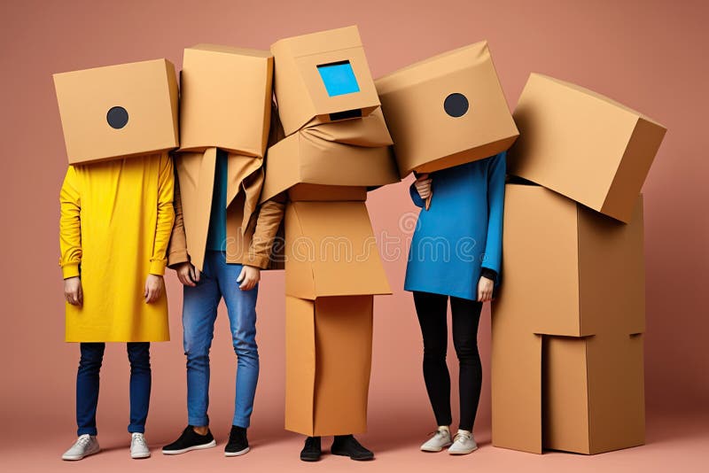 Group Studio Portrait of People with Cardboard Boxes instead of Head ...
