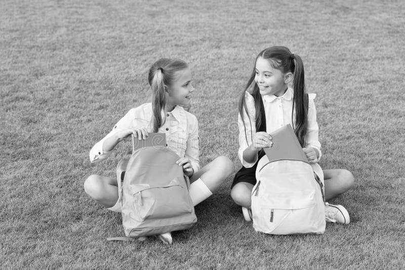 Group Study Outdoors Girls Classmates with Backpacks, Back To School ...