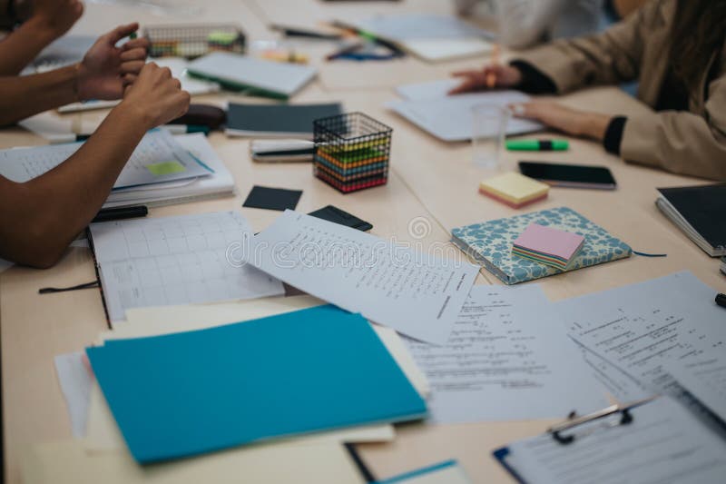 Group Study Session in a Classroom with Notes and Materials Stock Photo ...