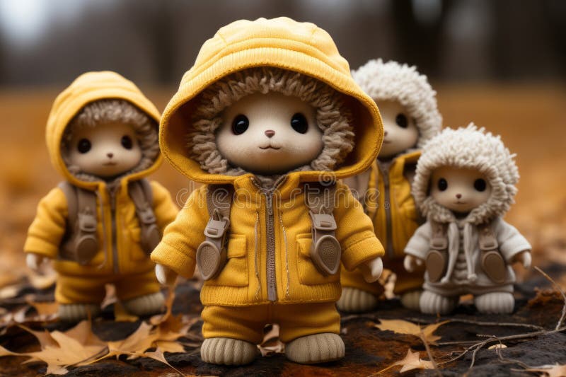 A Group of Stuffed Animals Dressed in Yellow Coats Stock Illustration ...