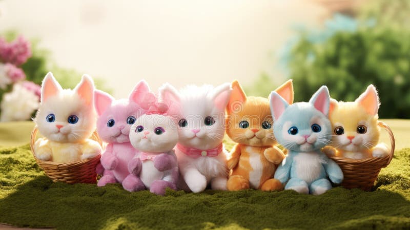 A Group of Stuffed Animals Sit in a Basket, AI Stock Illustration ...