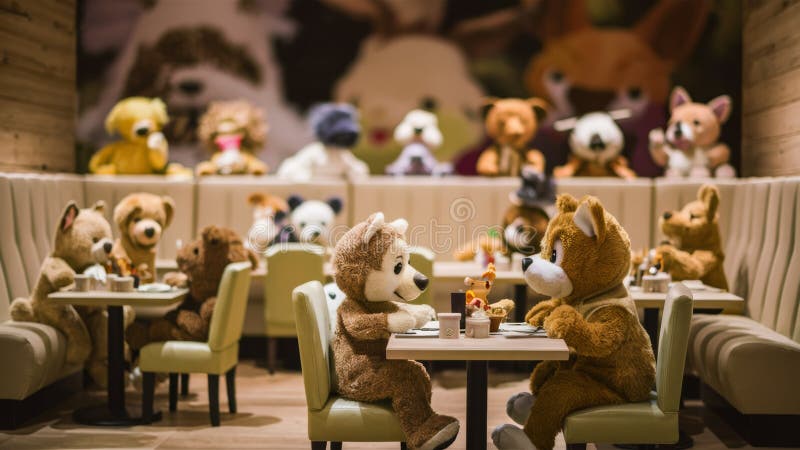 A Group of Stuffed Animals Sitting at Tables in a Restaurant, AI Stock ...