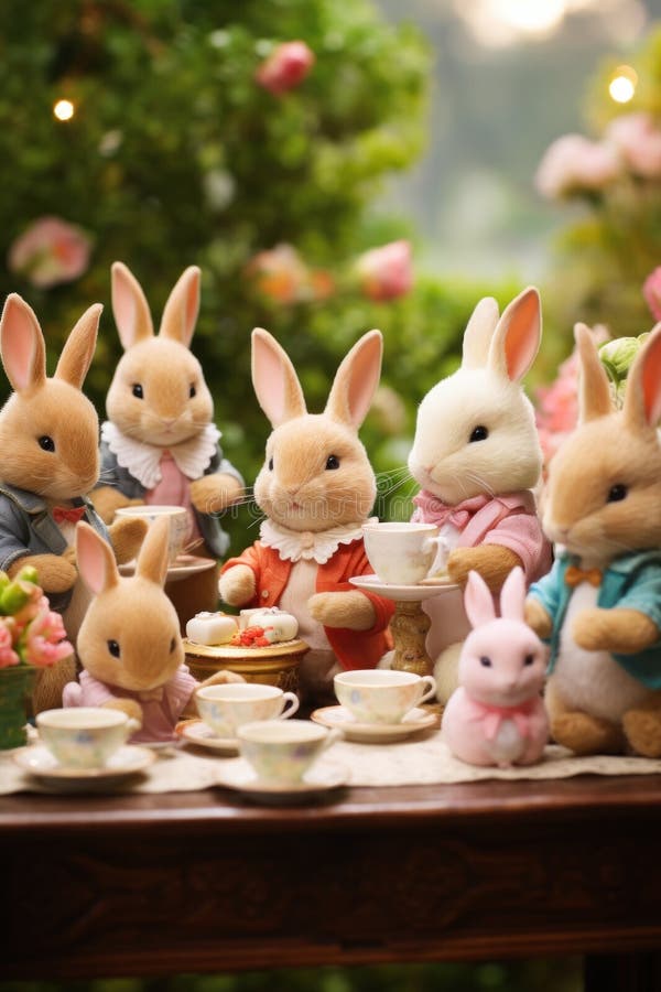 A Group of Stuffed Rabbits Sitting Around a Table with Tea Cups, AI ...
