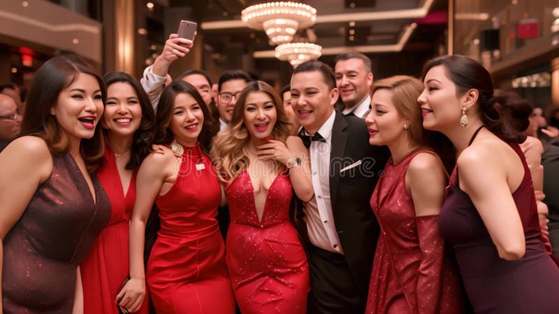 A Group of Stylishly Dressed Guests Pose for a Selfie at a Formal Event ...