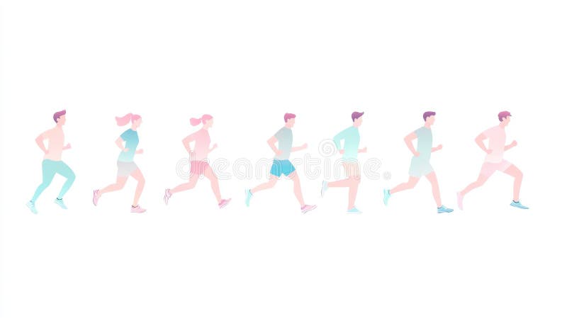 Group of People Running in Various Poses, in Flat Design with Simple ...
