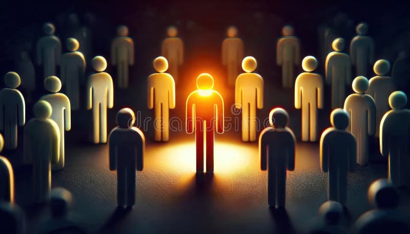 Group of Stylized Human Figures with One Brightly Lit in the Center ...