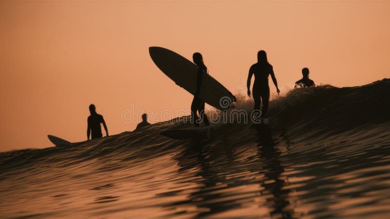 A Group of Surfers Riding Waves in Silhouette at Sunset, AI Stock Image ...