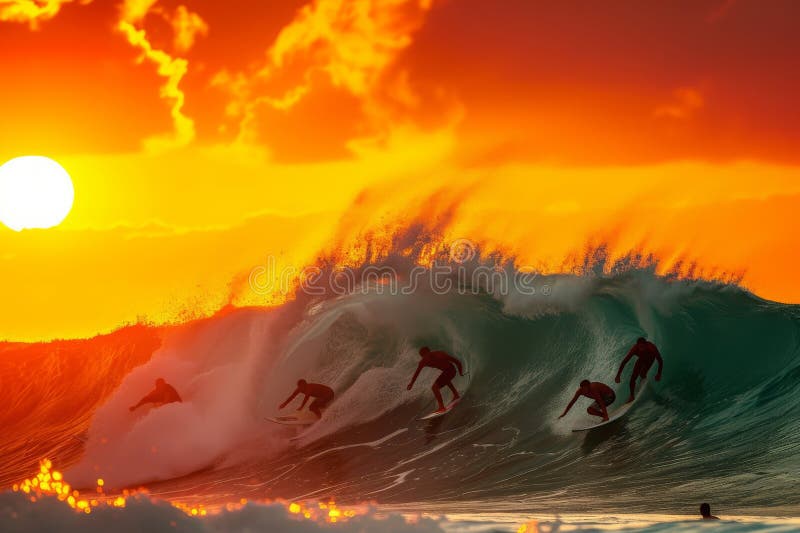 A Group of Surfers Skillfully Ride a Wave at Sunset, Displaying Their ...