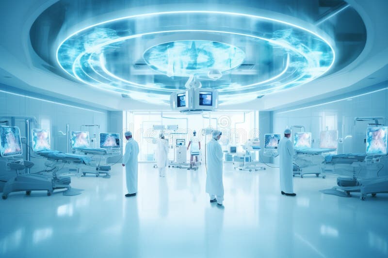 Group of Surgeons in Operating Room Take with Art Lighting and Blue ...