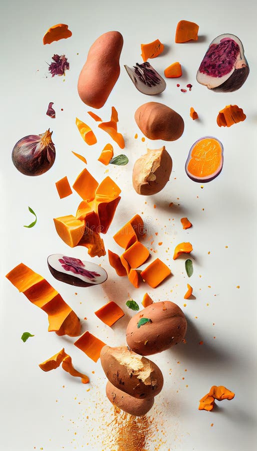 Group of Sweet Potatoes Vegetable Creatively Falling-Dripping Flying or ...