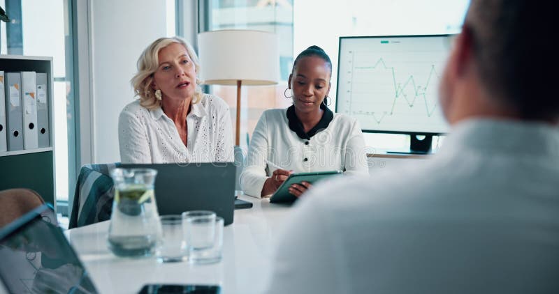 Group, Tablet or Business People in Meeting, Discussion or Problem ...