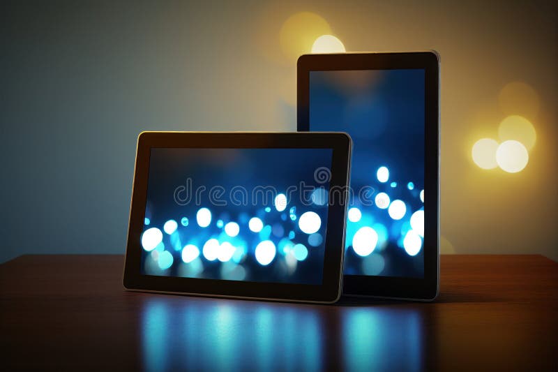 A Group of Tablet Pc with Blue Bokeh Screensavers. Generative AI Stock ...
