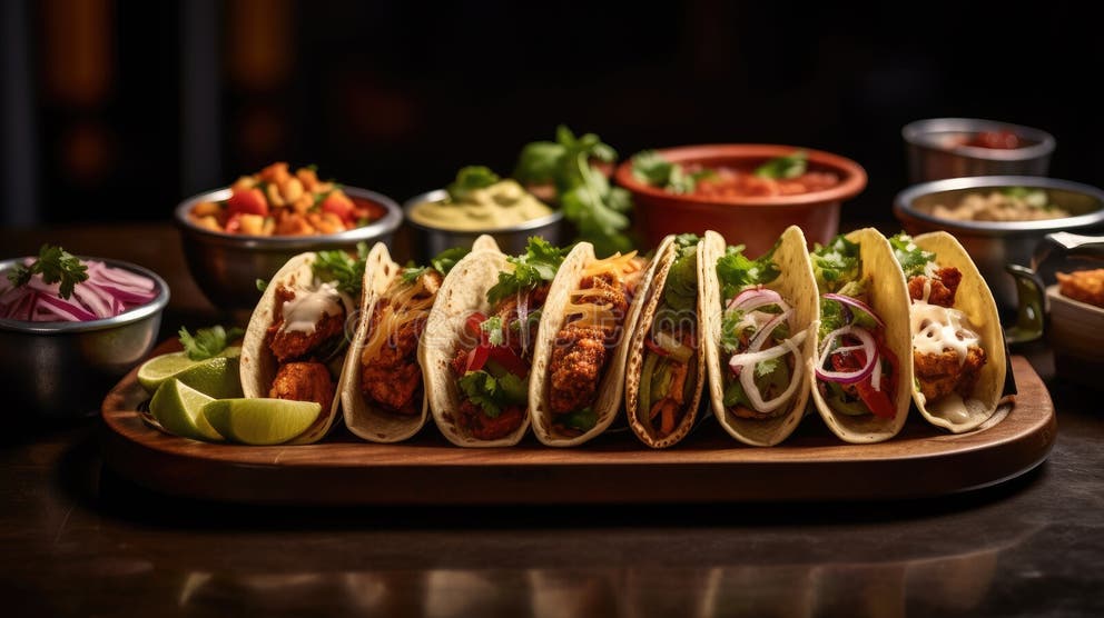 A Group of Tacos on a Wooden Board Stock Illustration - Illustration of ...