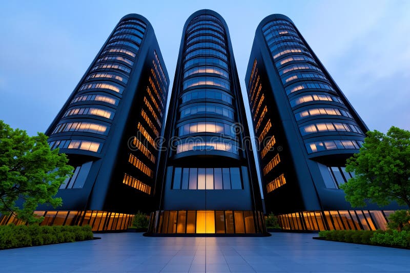 A Group of Tall Buildings that are Lit Up at Night Stock Photo - Image ...