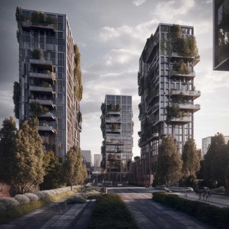 A Group of Tall Buildings with Trees and Bushes Stock Illustration ...