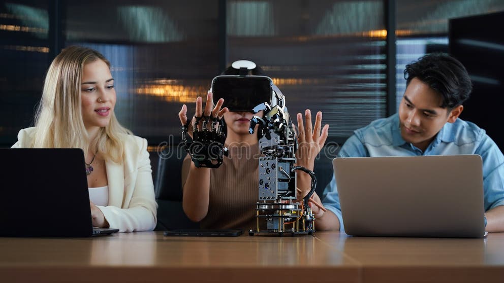 Group Team Work Programer and Engineer Working AI Robot Arm System ...