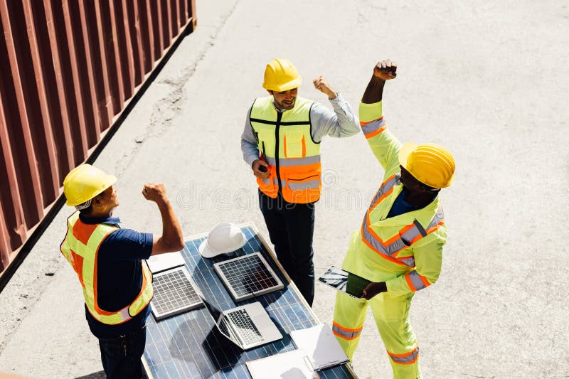 Group of Teamwork Warehouse Worker Working at Cargo Containers Shipping ...