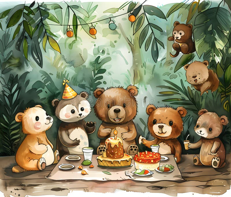 Teddy Bears Celebrate a Birthday with Toy Tableware in the Jungle Stock ...