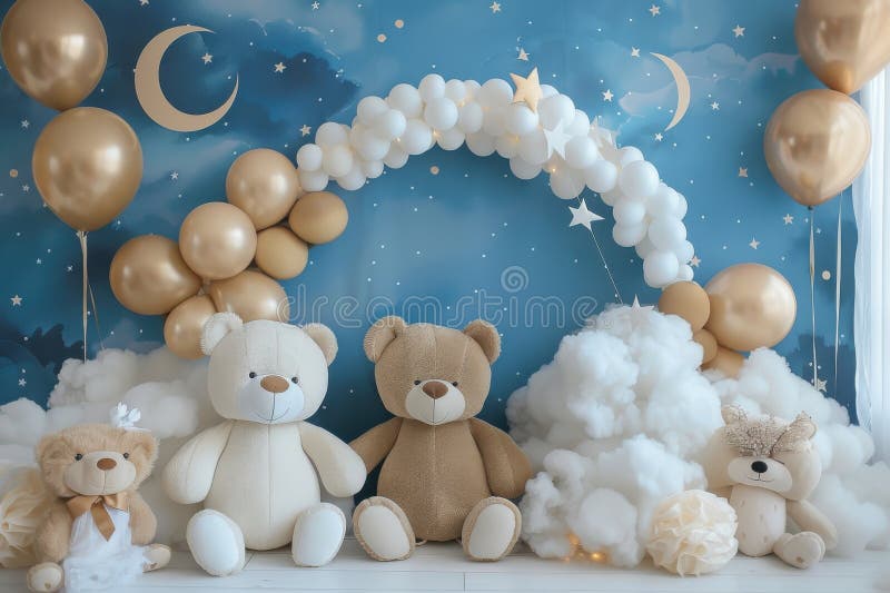 Group Teddy Bears Sitting Bed Blue Background Stock Photos - Free ...